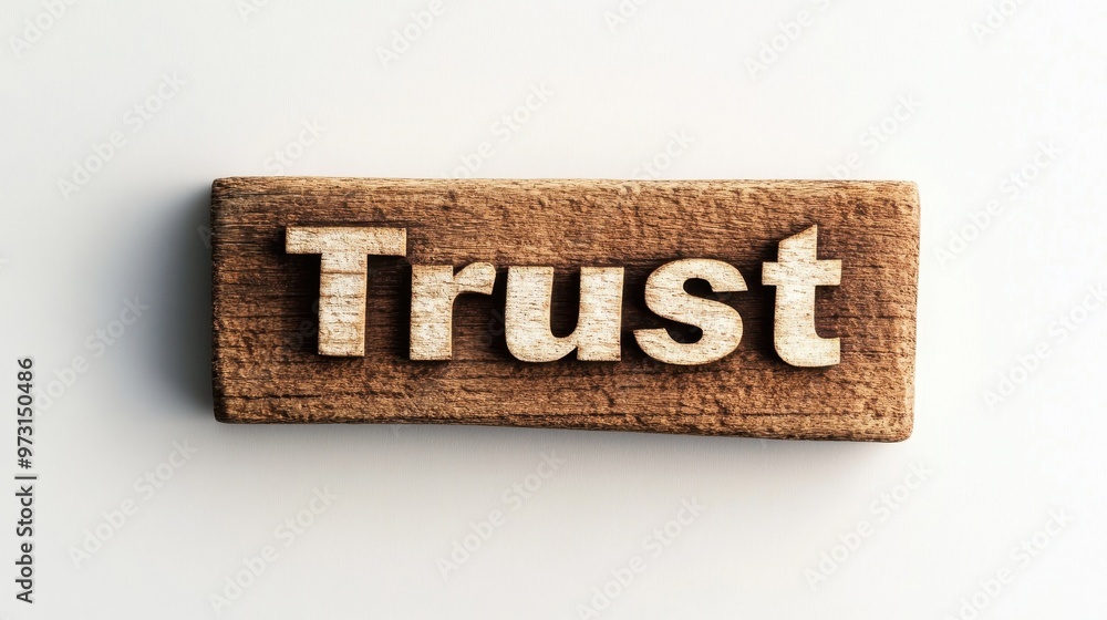 Wooden block with the word trust carved in capital letters, shown ...