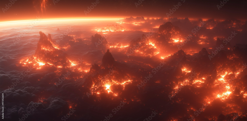 Fiery landscape depicting a cataclysmic event reminiscent of ...