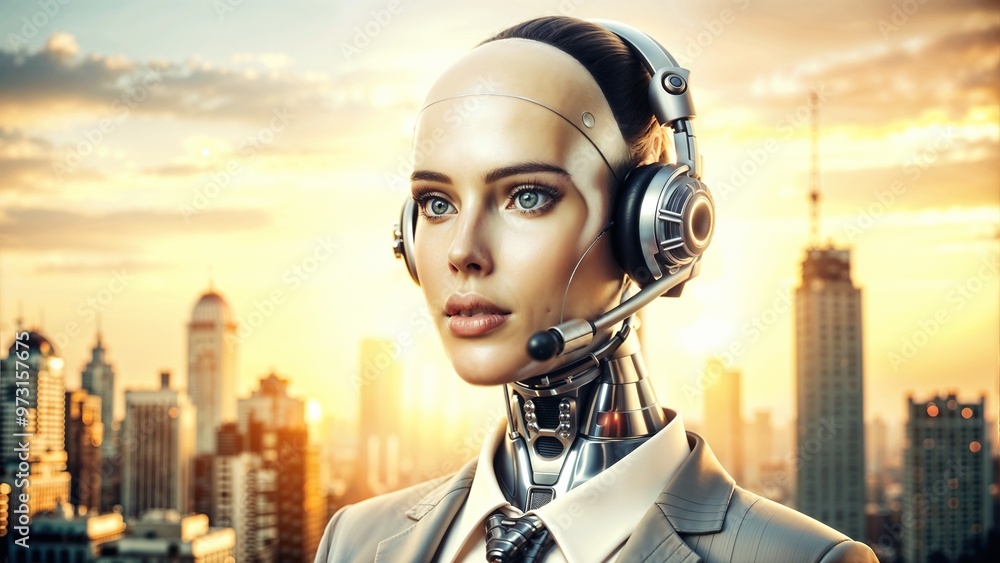 Beautiful female robot with headset addressing customer service ...
