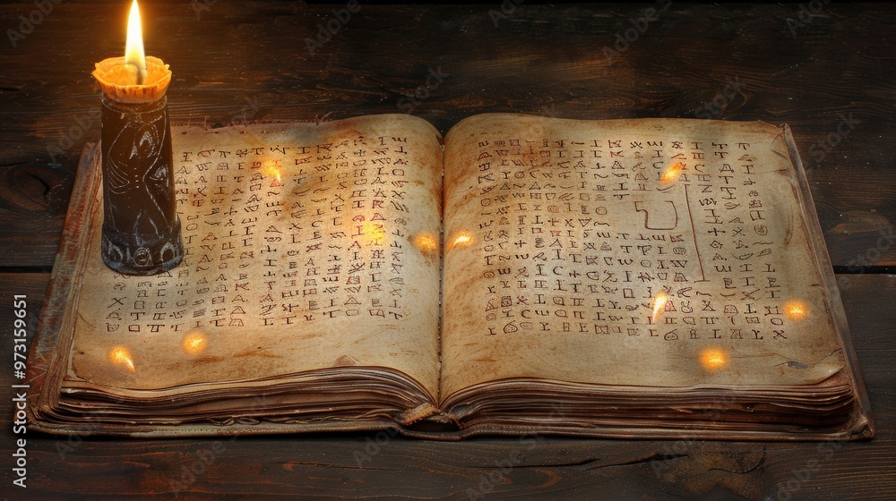 Ancient spellbook opened on wooden table with strange symbols ...