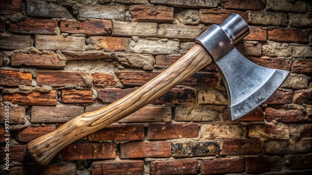 A shiny silver axe with a curved blade and worn wooden handle leans ...