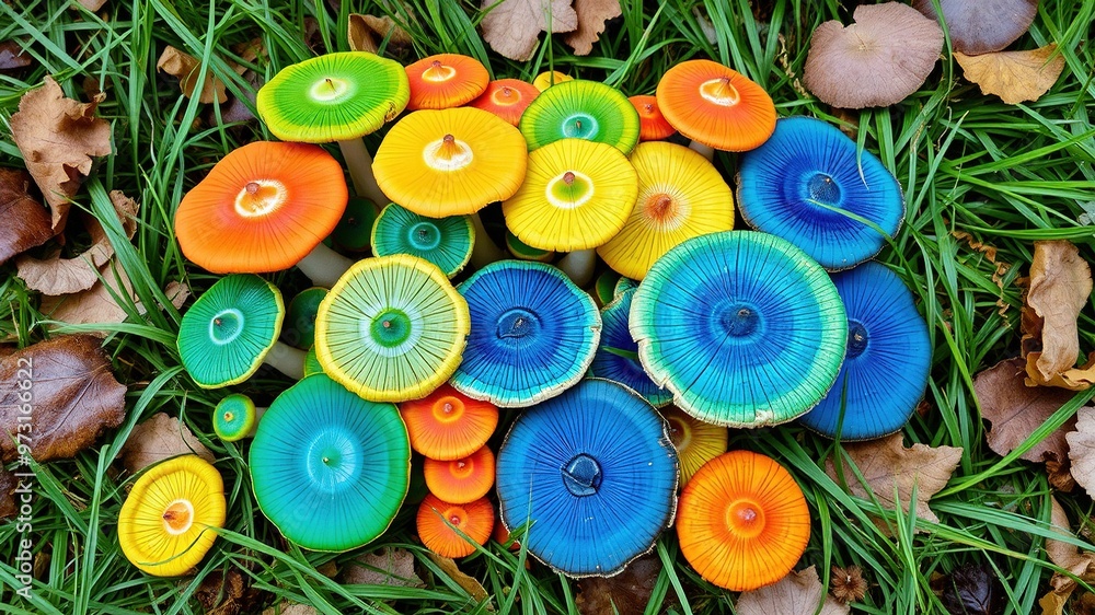 A vibrant arrangement of colorful mushrooms, with shades of emerald ...