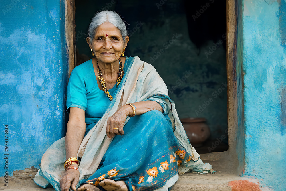 Indian Elderly Woman in a Rural Setting: An older woman in a sari ...