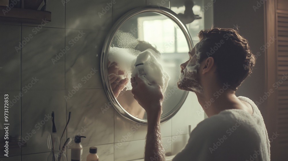 Man grooming himself in a well-lit bathroom while applying shaving ...
