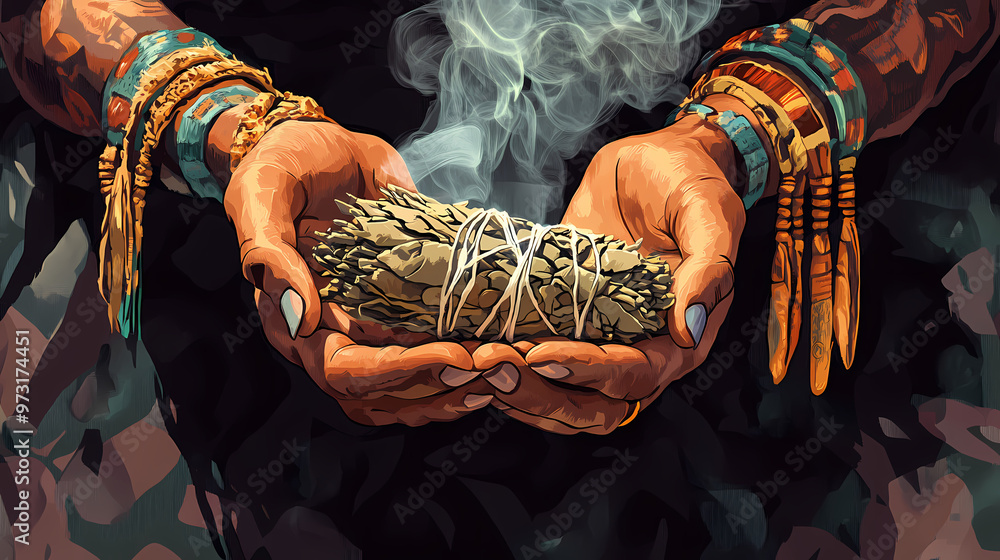 Native american womans hands smudging with smoking sage bundle ...