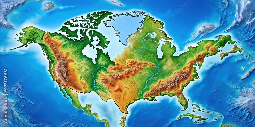 Vibrant colorful physical map of North America continent showcasing ...