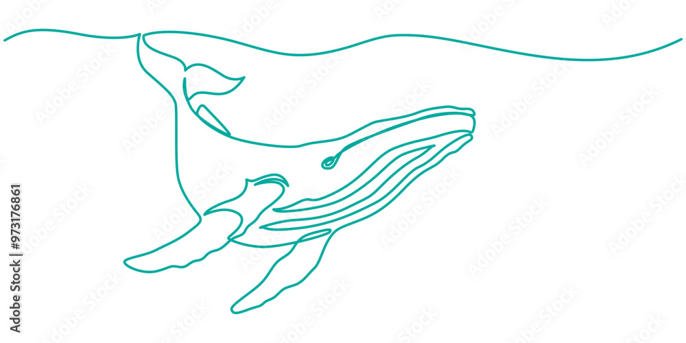 Breaching Humpback whale drawing in one continuous line, Continuous one ...