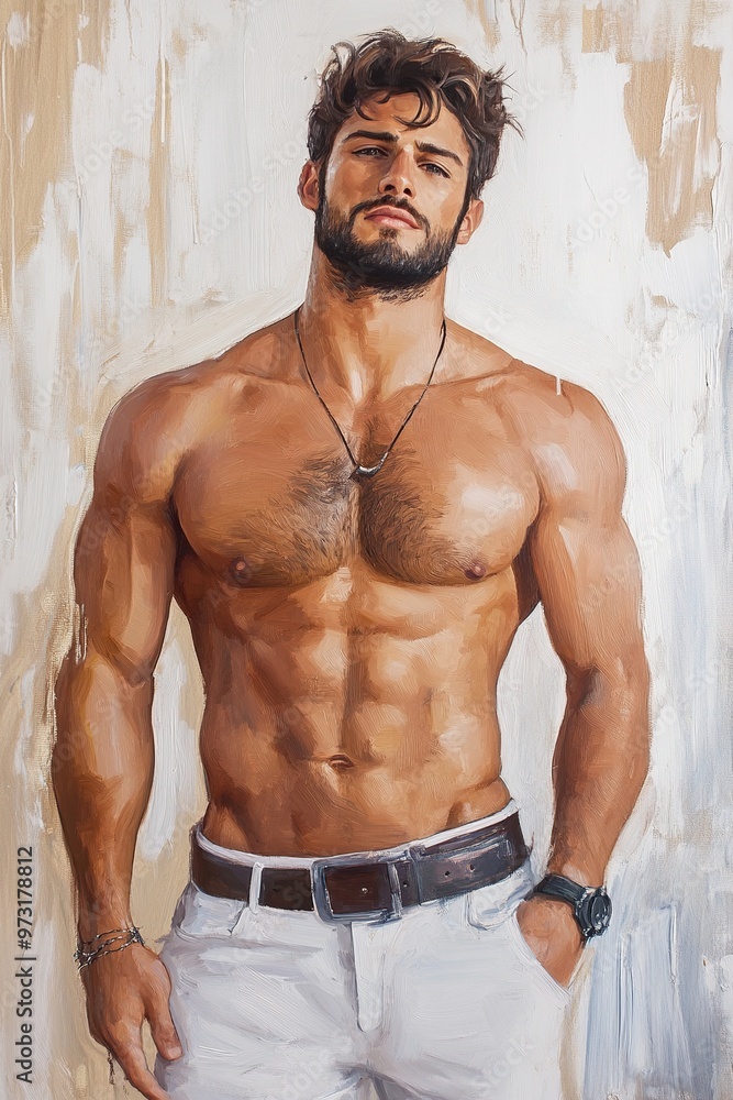 Handsome guy posing as a painted picture, muscular and beautiful model ...
