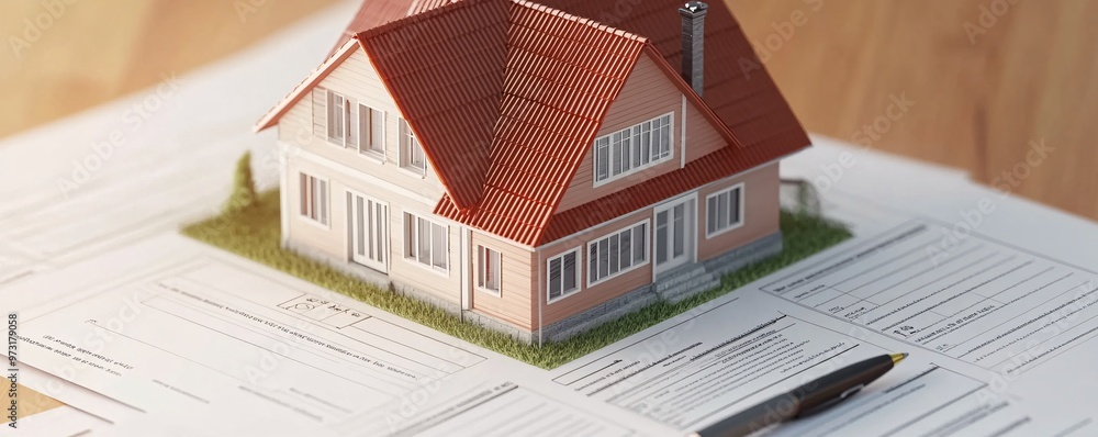 Miniature house model sitting on top of papers for real estate purchase ...