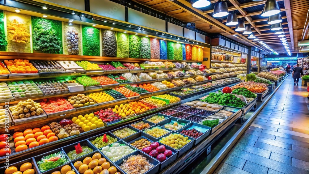 Vibrant Tokyo supermarket food section featuring rows of colorful ...