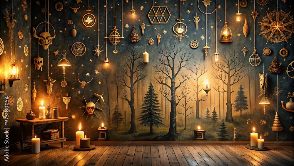 Whispering woods creep into the dimly lit room, eerie symbols writhe on ...