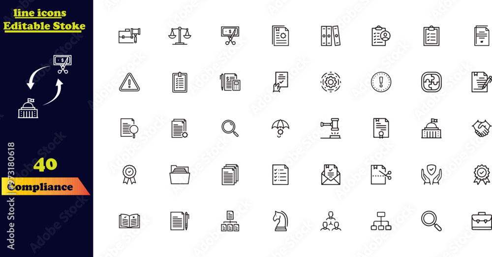 Compliance Stroke Icon Collection. This set includes icons featuring a ...