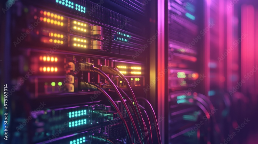 Server racks, electric cables and wires representing fiber optic ...