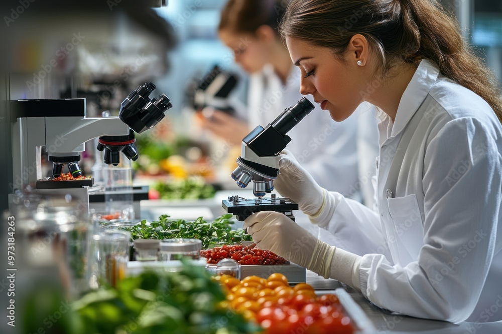food safety testing, lab technicians in white coats examining food ...