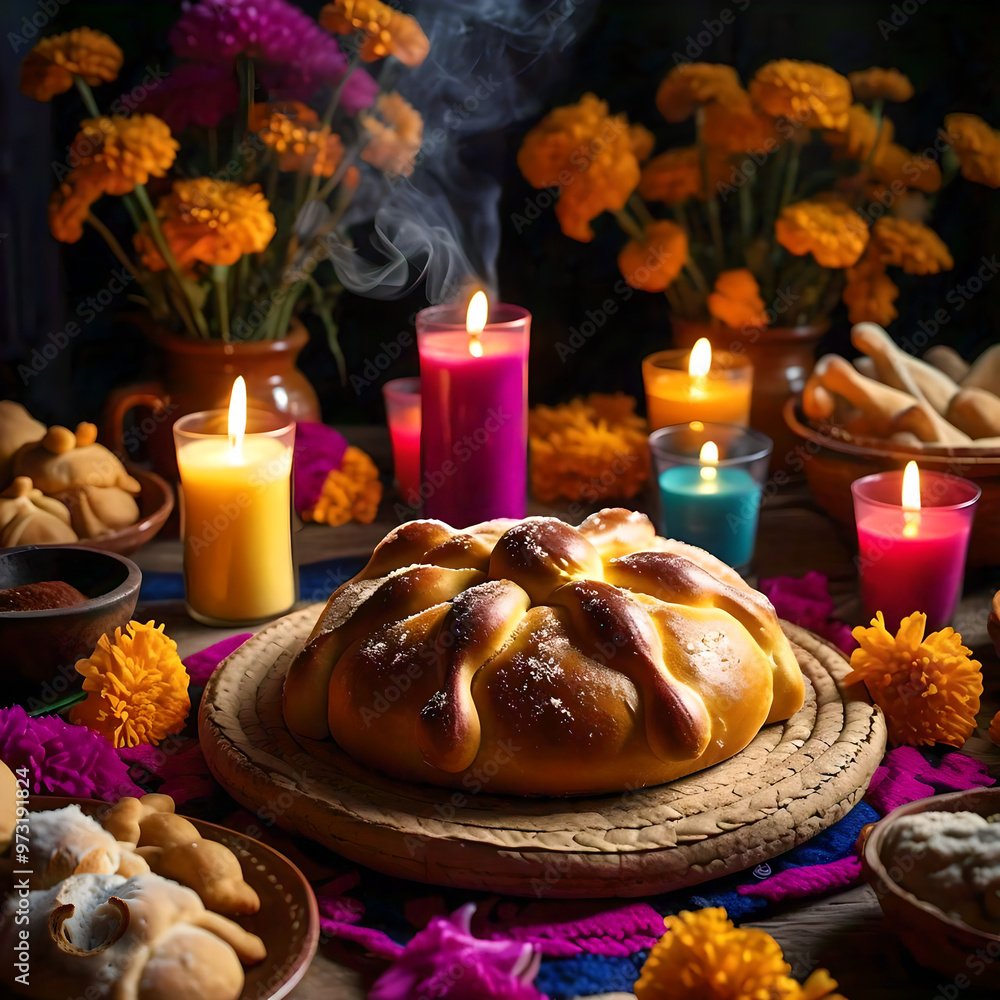 Ofrenda día de santos difuntos en México, con pan de muerto tradicional ...