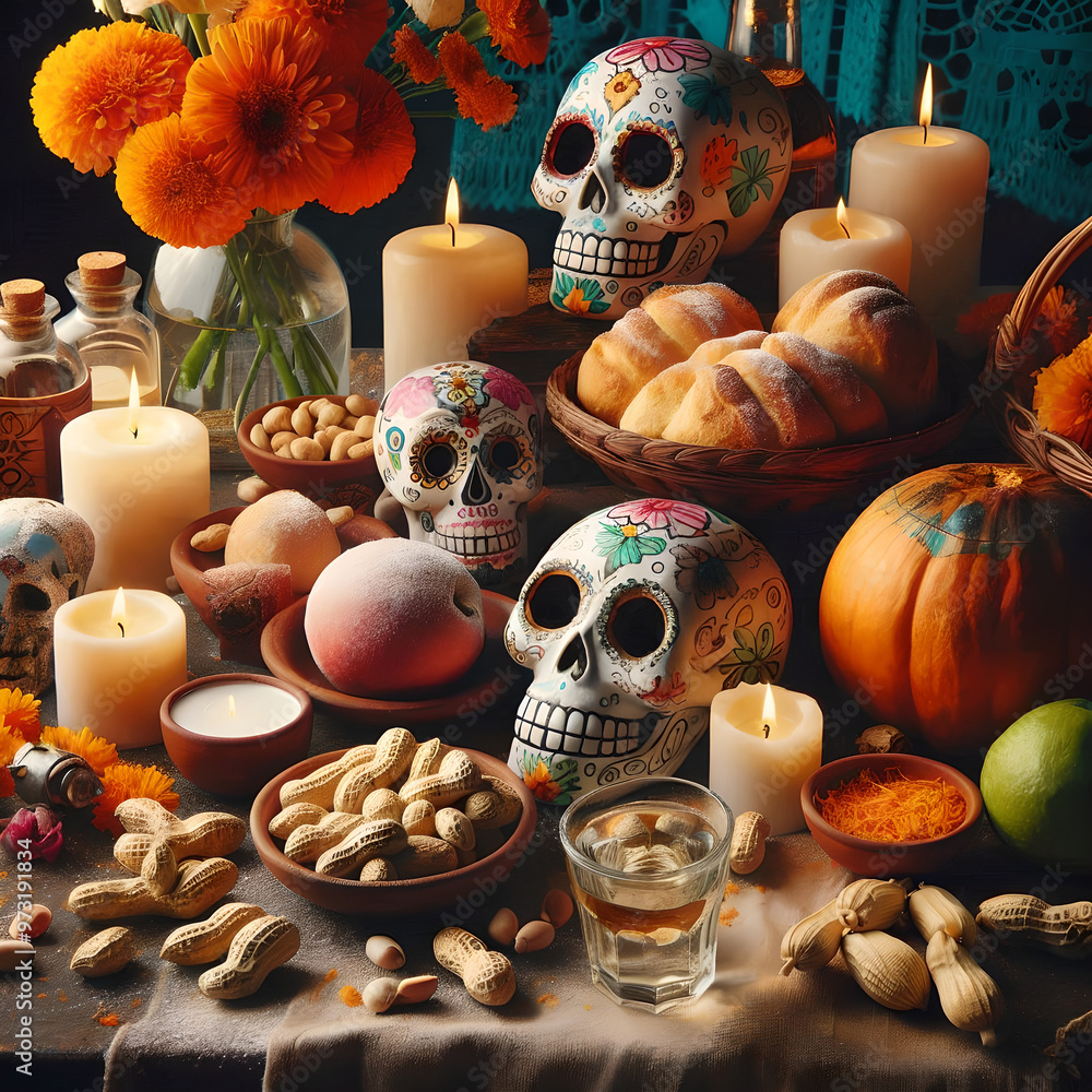 Ofrenda tradicional de día de santos difuntos en México, con calaveras ...