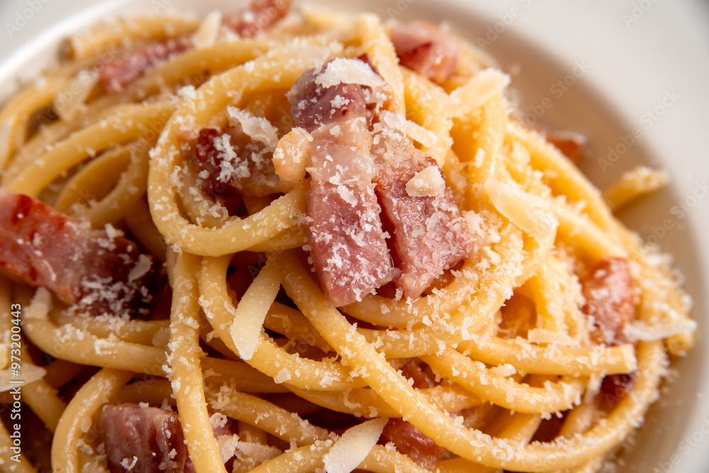Primo piano di deliziosi bucatini alla gricia, ricetta tipica della ...