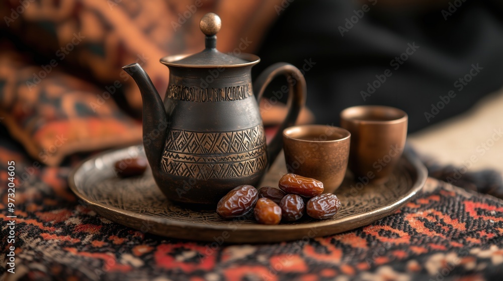 Traditional emirati coffee pot dallah with dates and cups for cultural ...