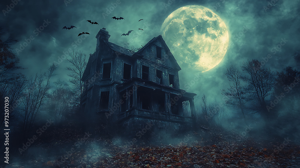 An old, abandoned haunted house on a hill with broken windows and ...