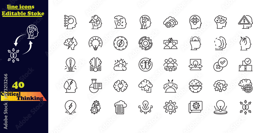 Editable stroke icon set for critical thinking, featuring icons for ...