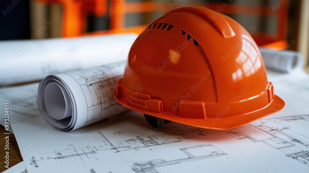 Construction planning and design concept with orange helmet and ...