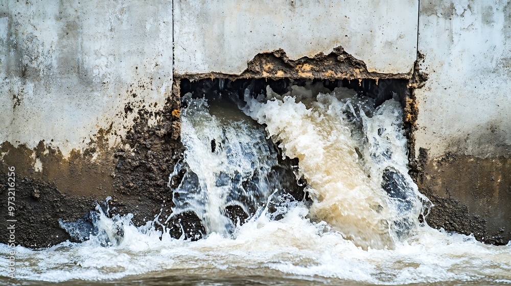 of a dam break showing structural damage and a torrent of water ...