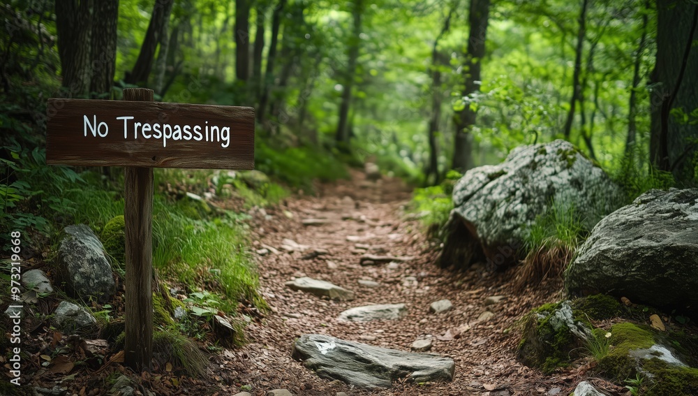 Rustic "no trespassing" sign on forest pathway amid lush greenery for ...