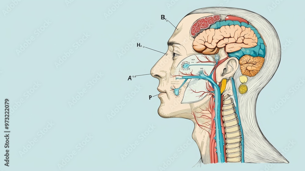 Human Anatomy Illustration Head and Neck Side View with Brain and ...