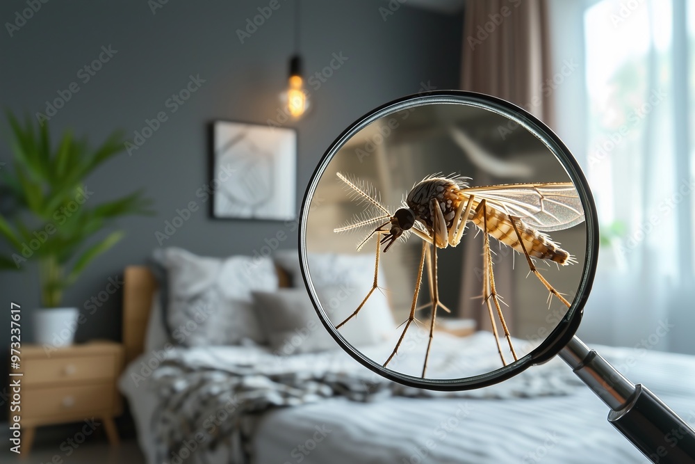Mosquito under a magnifying glass, flying in a bedroom with a modern ...