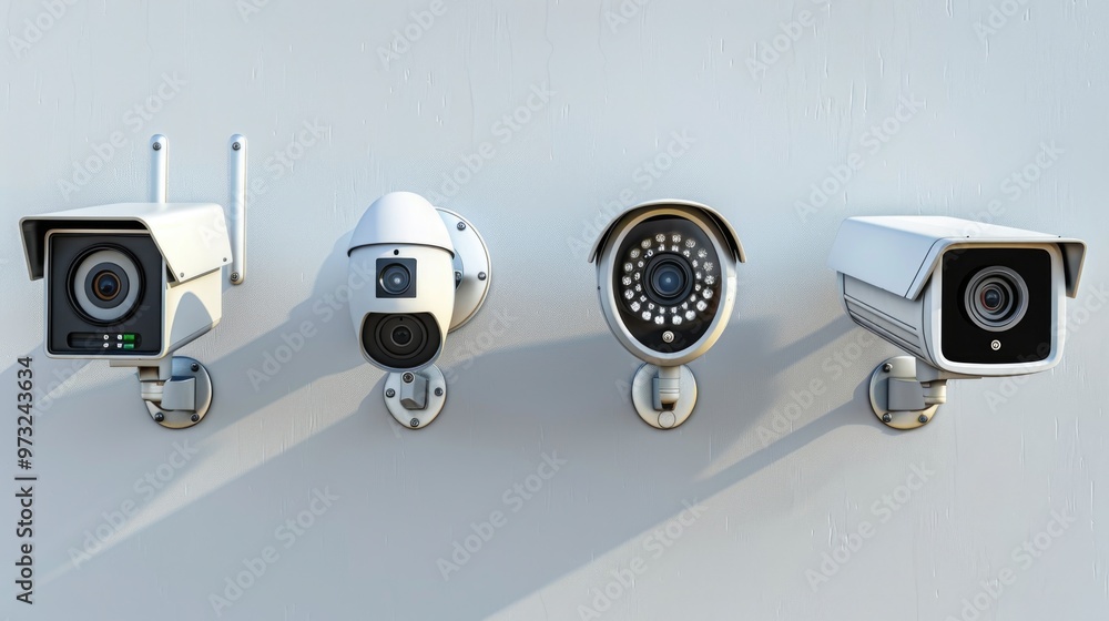 Group of security cameras mounted on a wall for monitoring and ...