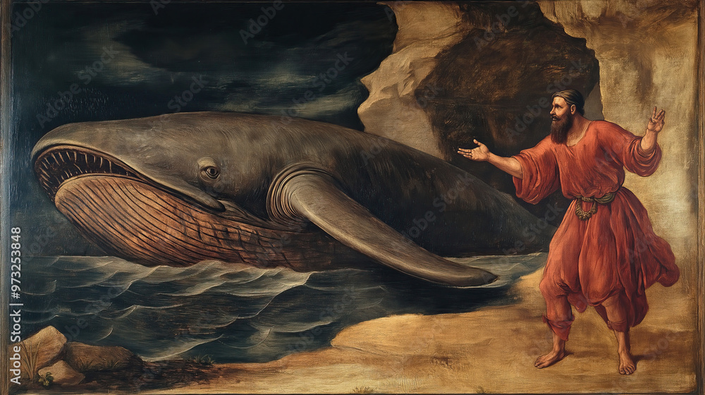 classic traditional renaissance oil painting on canvas of Jonah and ...