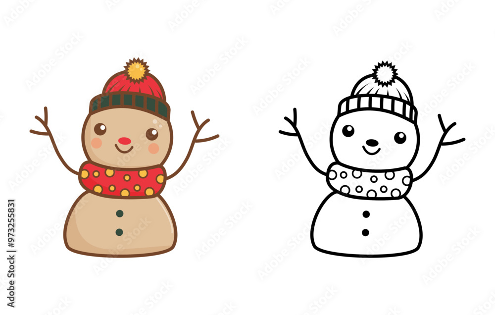 Vetor de Cute snowman line art coloring page for kids activities, one ...