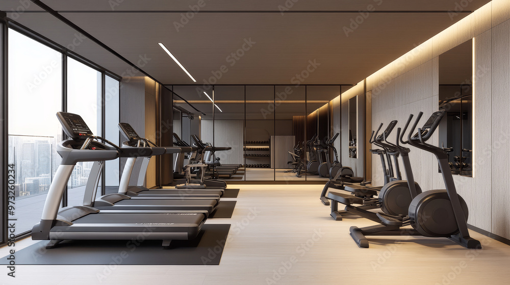 "A contemporary, high-end gym interior within a residential building ...