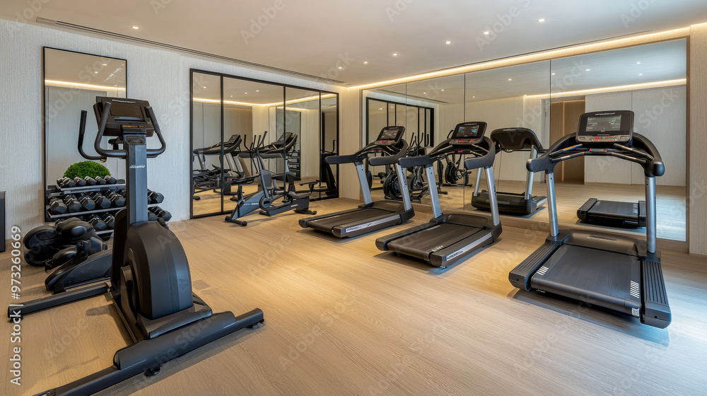 "A contemporary, high-end gym interior within a residential building ...