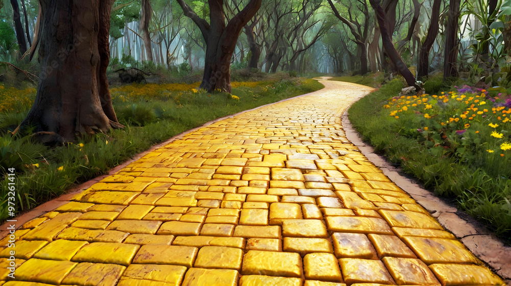Yellow brick path road meandering into a forest grass and trees alongside that can be the real ...