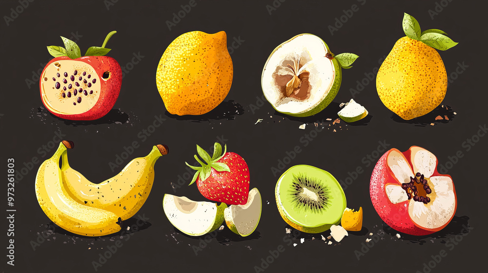 "Rotten fruits slowly decaying contrasted with fresh fruits in a food ...