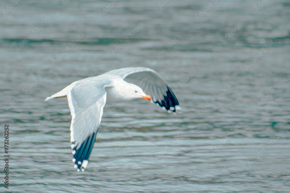 Seagull Soaring Above Wavy & Rippley Lake, Sea, or Ocean Water ...