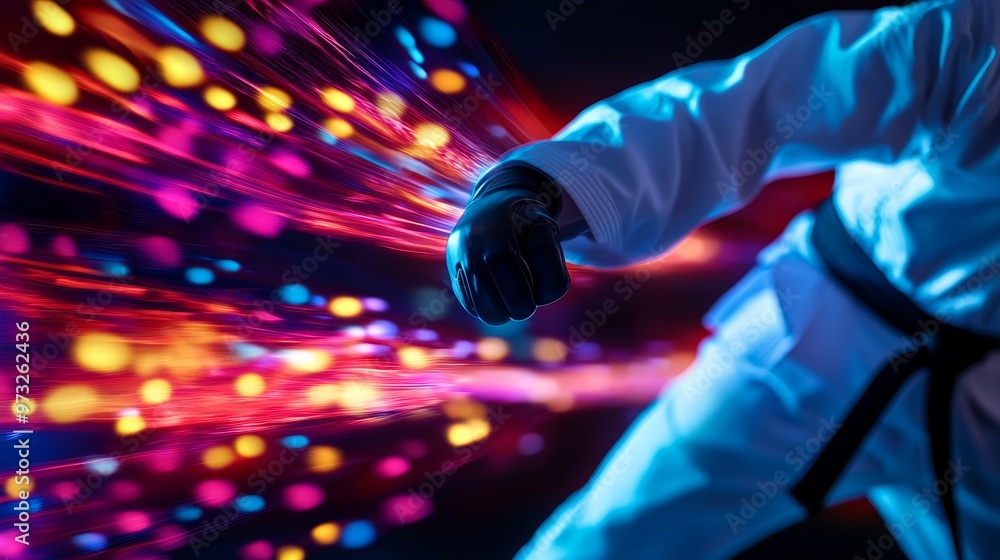 A karate fighter in a white gi with a black belt, demonstrating a ...
