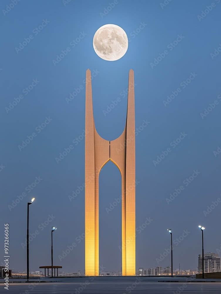 The iconic Kingdom Tower in Riyadh, Saudi Arabia, stands tall against a ...