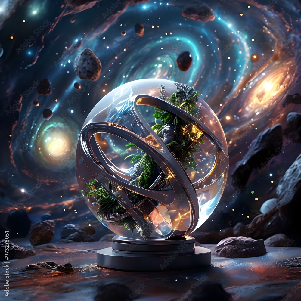 crystal ball or magic ball with nature inside in the space with lots of ...