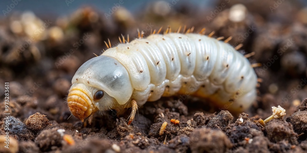 A close-up view of a grub bug, also known as a larval stage of various ...