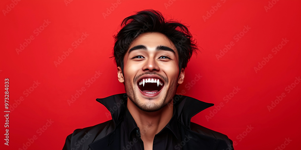 Studio portrait of a cute asian male vampire in black cape. Happy young ...
