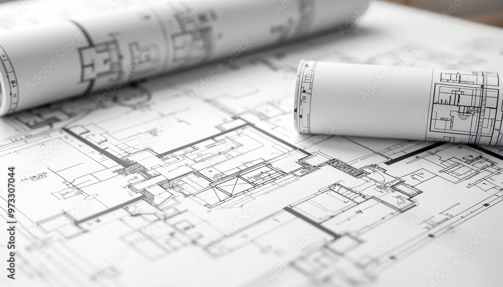 Architectural plan and rolls, technical blueprint, engineering ...