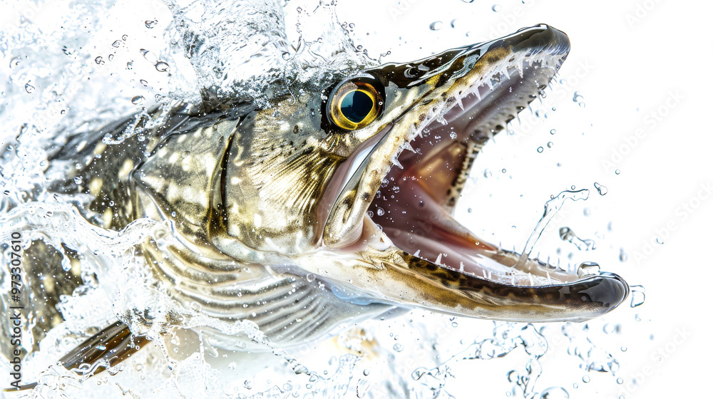 An angry pike fish bursts from the water, its mouth wide open ...