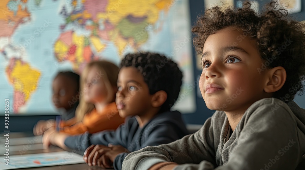 Children learning geography with maps on the blackboard, at school ...