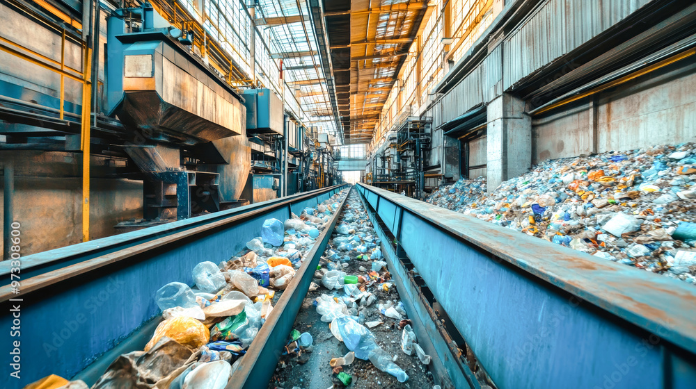 A conveyor belt transports collected plastic waste in a bright ...