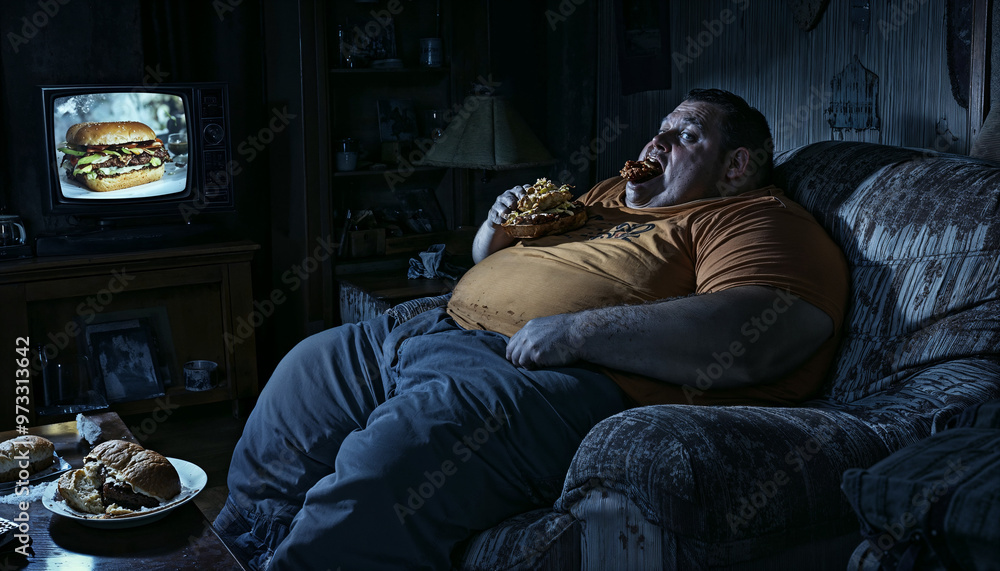 Fat man eating, Obese man sitting in front of TV eating a burger, fat ...