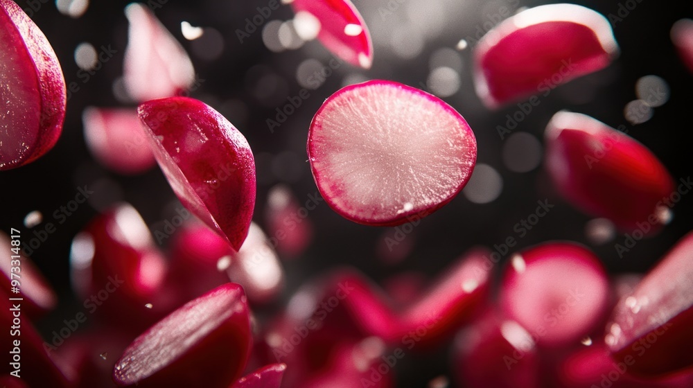 Dynamic Close-Up of Fresh Red Radishes in Mid-Air as They are Sliced ...
