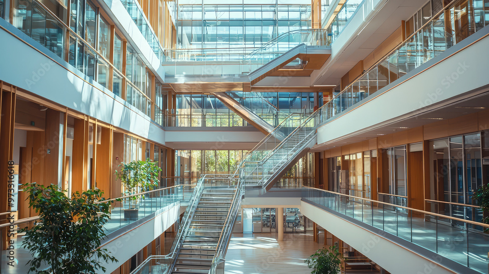 A modern hospital interior featuring large atrium and connecting ...