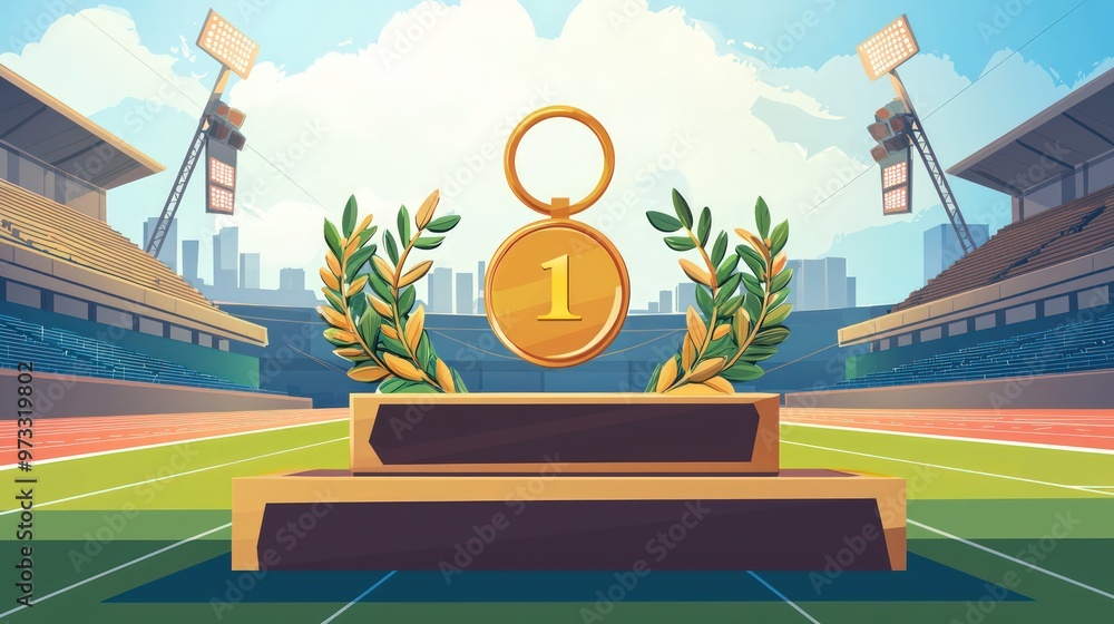 A sports podium scene with a gold medal and laurel wreaths set in an ...